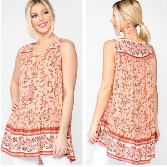 GiGiO | Tops | New Clearance Boho Peachy Pink Floral Border Ruffle Hem ...